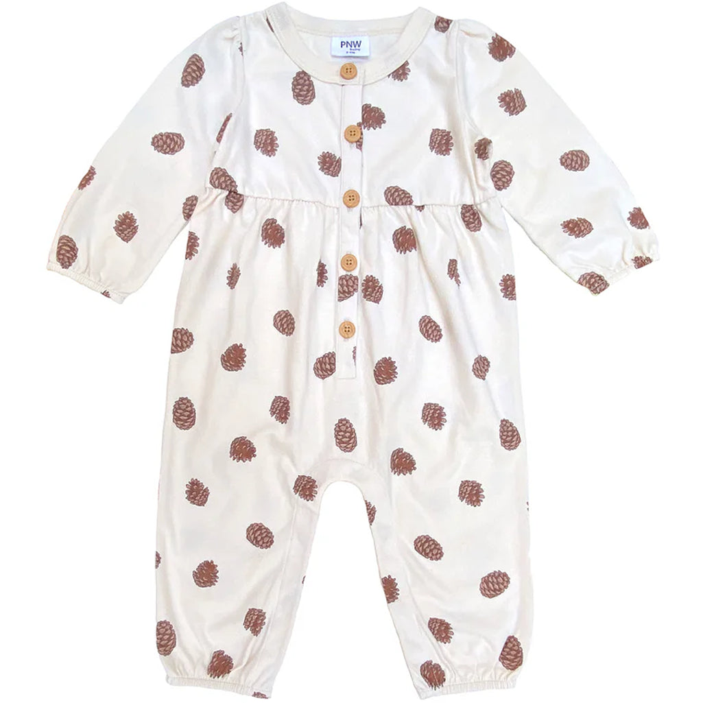PNW Baby Gathered Button Romper | Pinecones – Hazel & Fawn